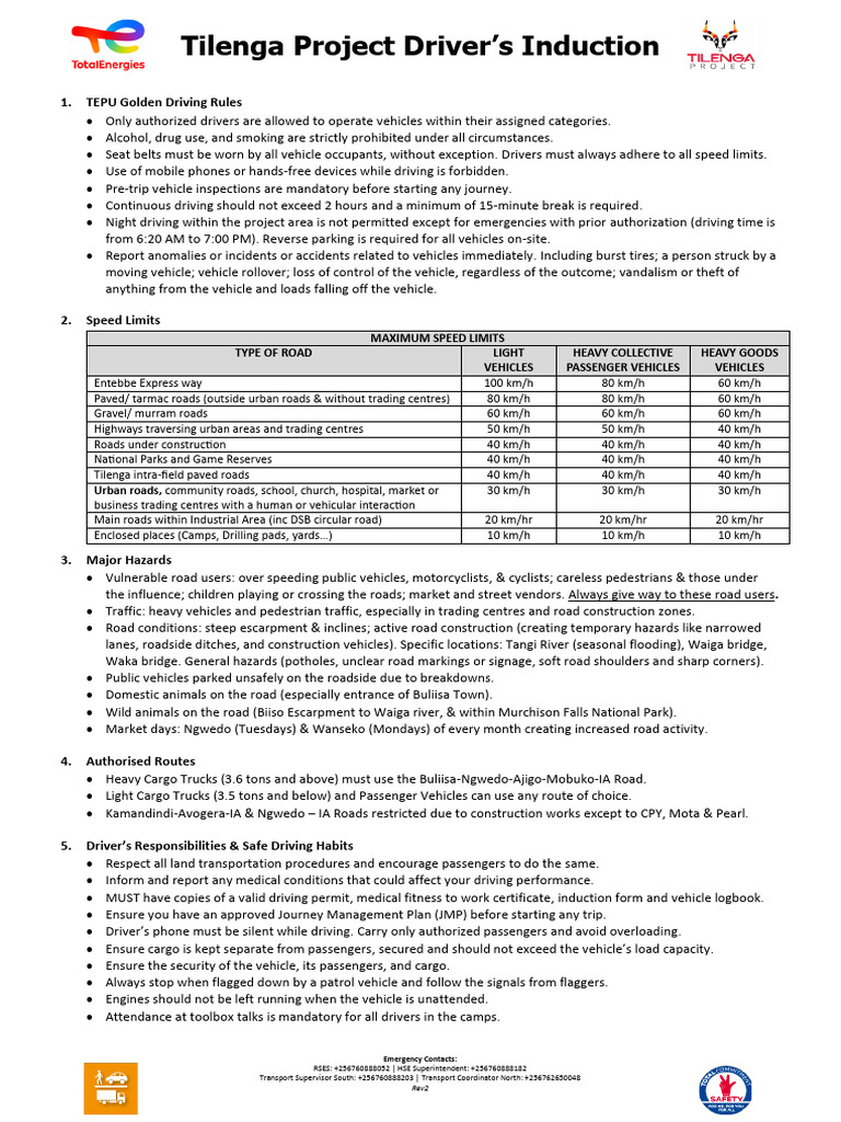 EP UG LOG RSO CM - Tilenga Driver's Induction Form Rev2 | PDF | Road ...
