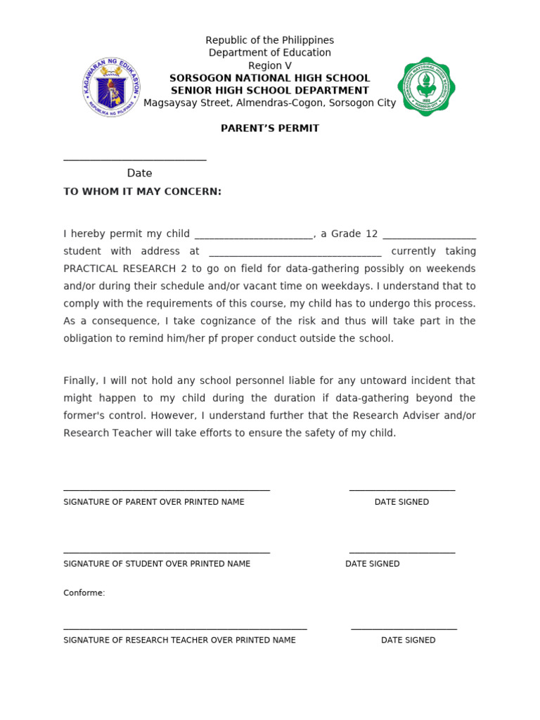 Parents Permit Data Gathering BLANK | PDF