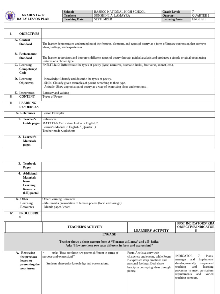 DLP Eng7 Types of Poetry Completed | PDF | Poetry | Learning