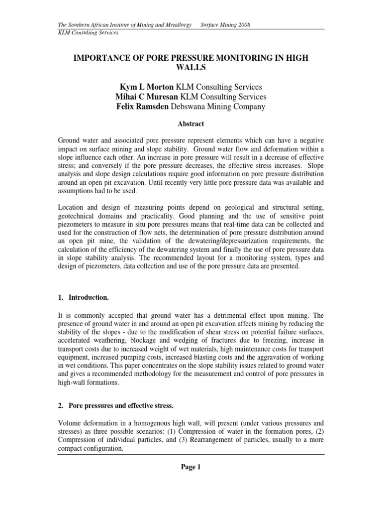 Importance of Pore Pressure Monitoring in High Walls2 | PDF | Stress ...