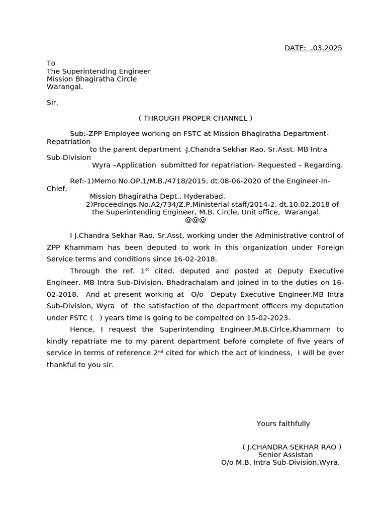 Repatriation Request for J. Chandra Sekhar Rao | PDF