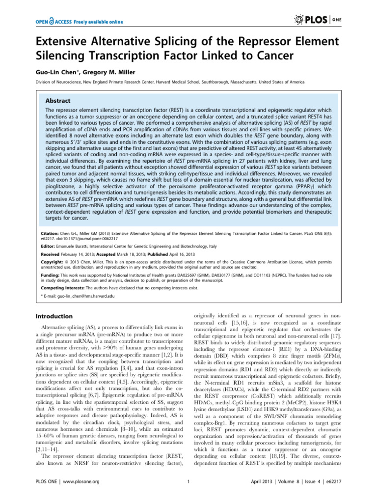 Extensive Alternative Splicing of The Repressor El | PDF | Alternative ...