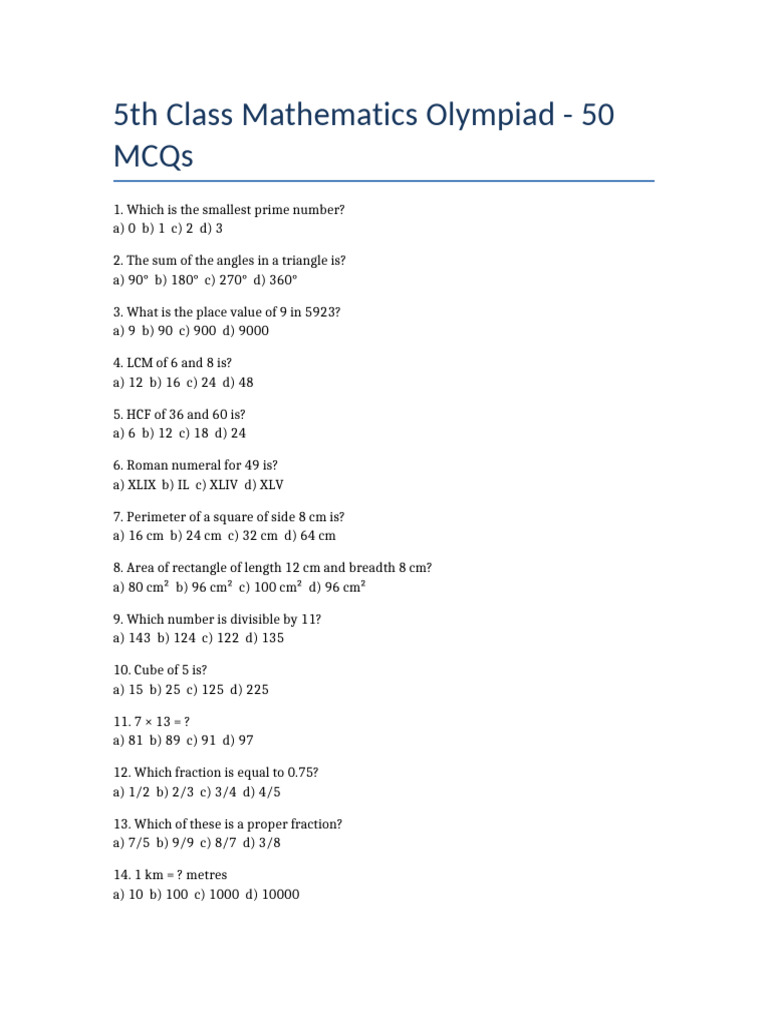5th Grade Math Olympiad MCQs | PDF | Area | Length