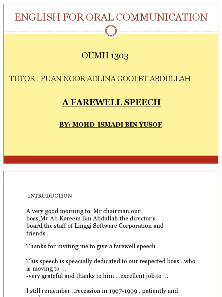 English For Oral Communication - Oral Farewell Speech | PDF | Career ...