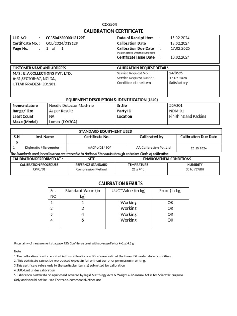 Calibration Certificate CC-3504 Details | PDF | Calibration | Metrology
