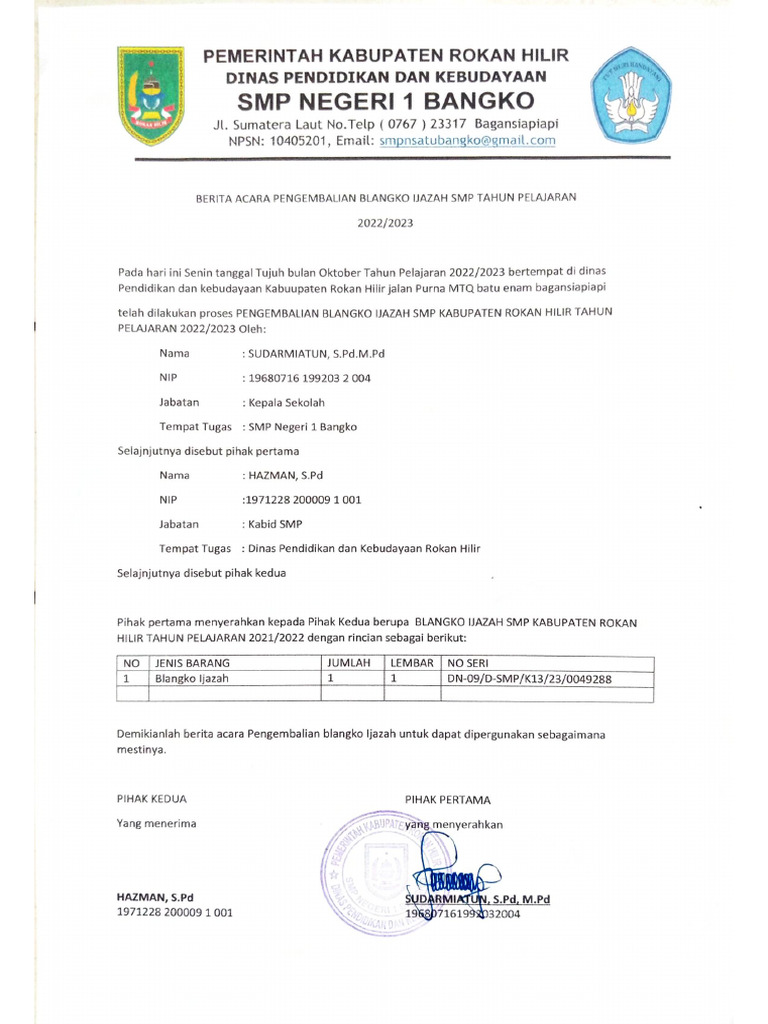 Berita Acara Pengambilan Blangko | PDF