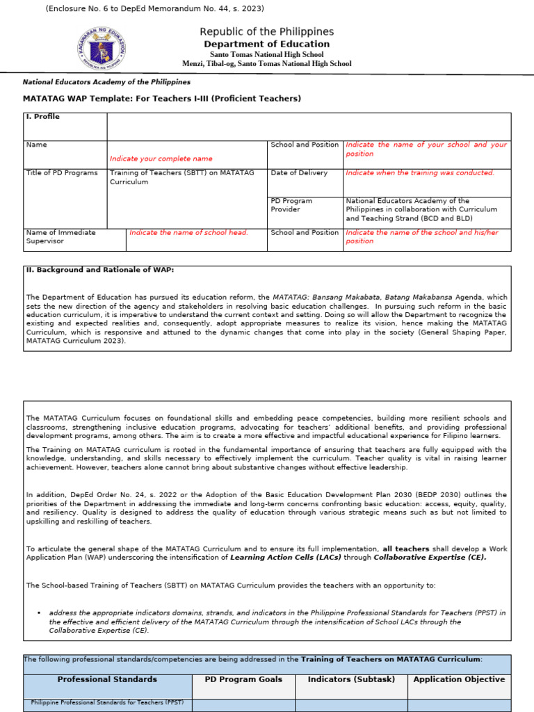 Sample MATATAG WAP For Teachers | PDF | Educational Assessment | Learning