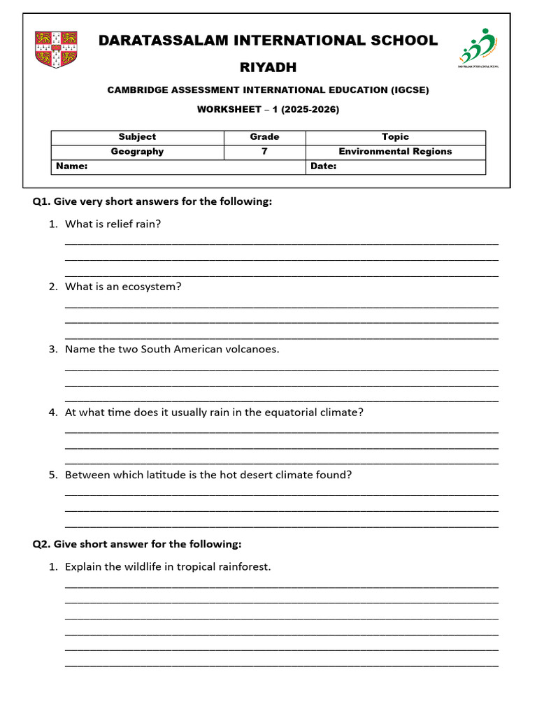 IGCSE Geography Worksheet for Grade 7 | PDF | Physical Geography ...