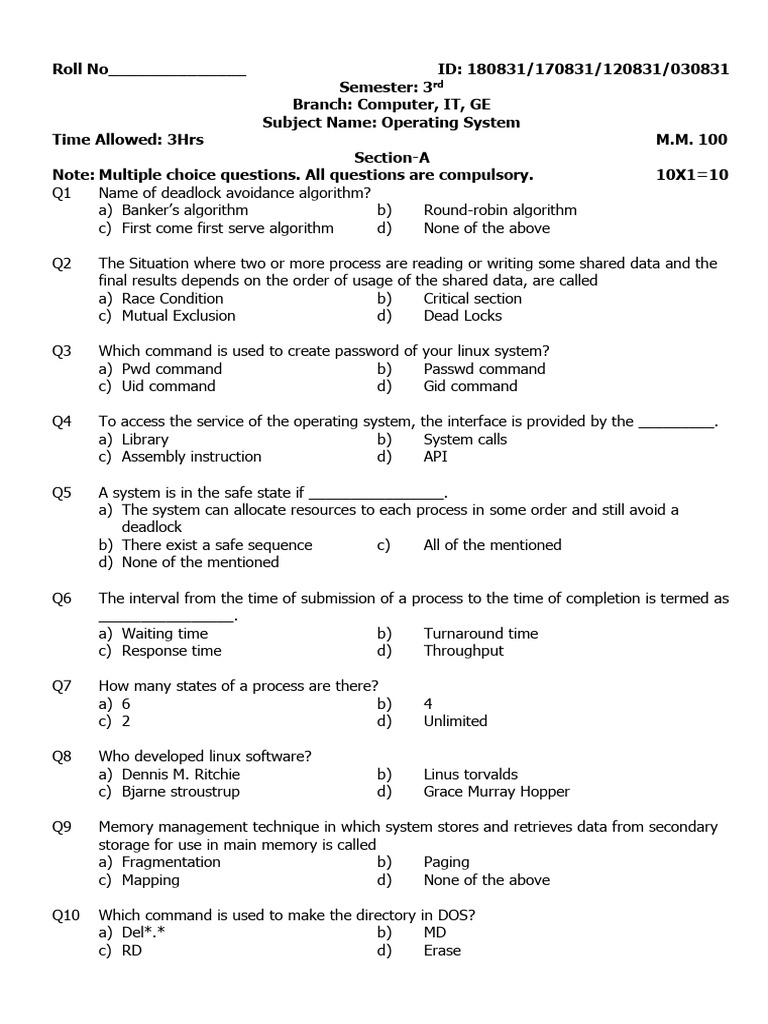 Operating System Exam Questions and Answers | PDF | Operating System ...