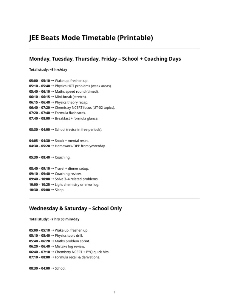 Jee Beats Timetable | PDF