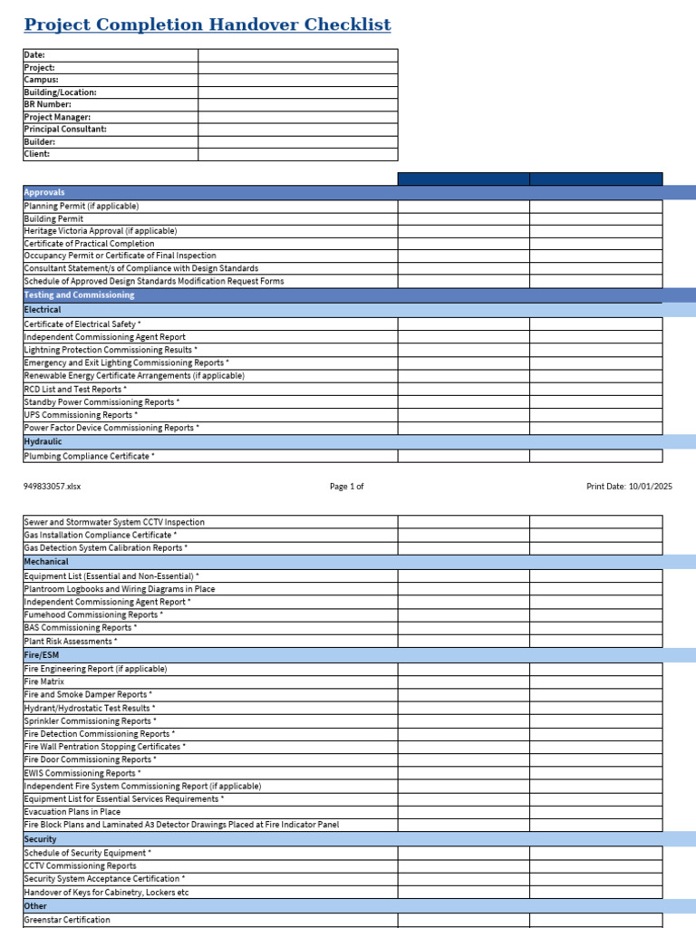 Project Completion Handover Checklist | PDF | Specification (Technical ...