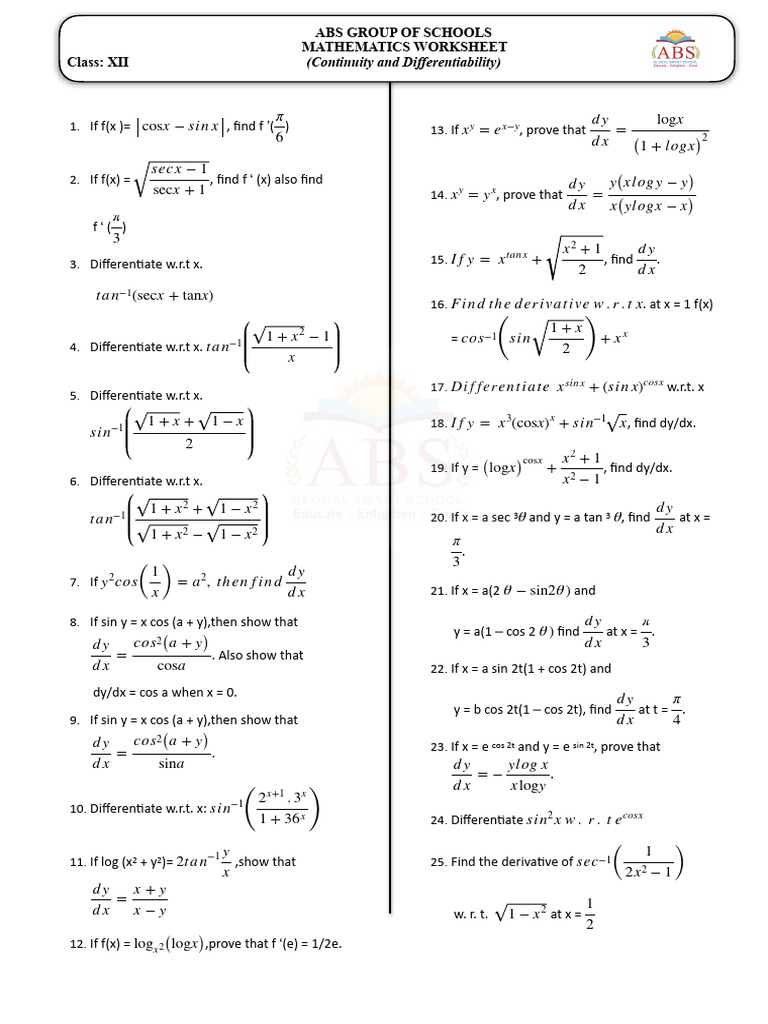 Ch-5 Continuity and Differentiability WS 2 | PDF | Chess Theory | Chess Openings
