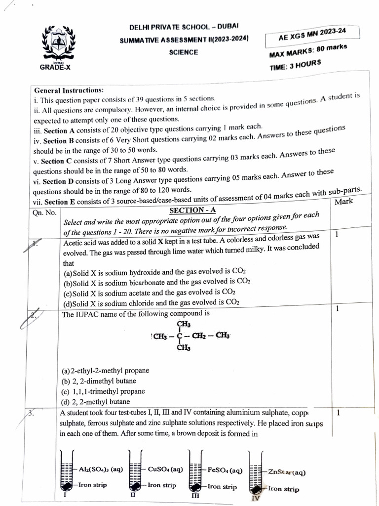 DPS Science Summative Assessment 2023-24 | PDF | Chemistry