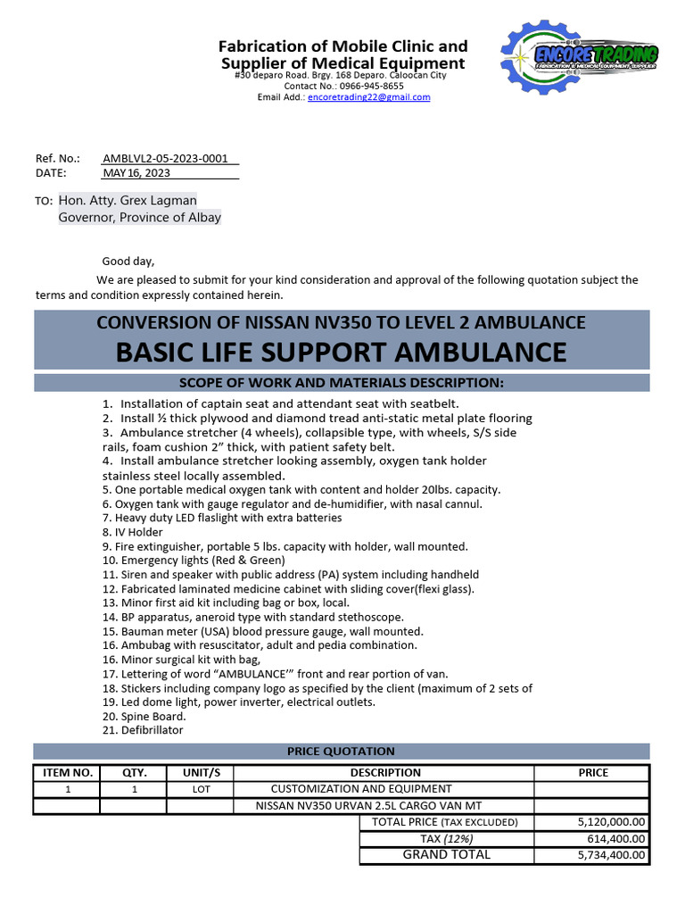Quotation of Level 2 Ambulance (Province of Albay) QUOTATION | PDF ...
