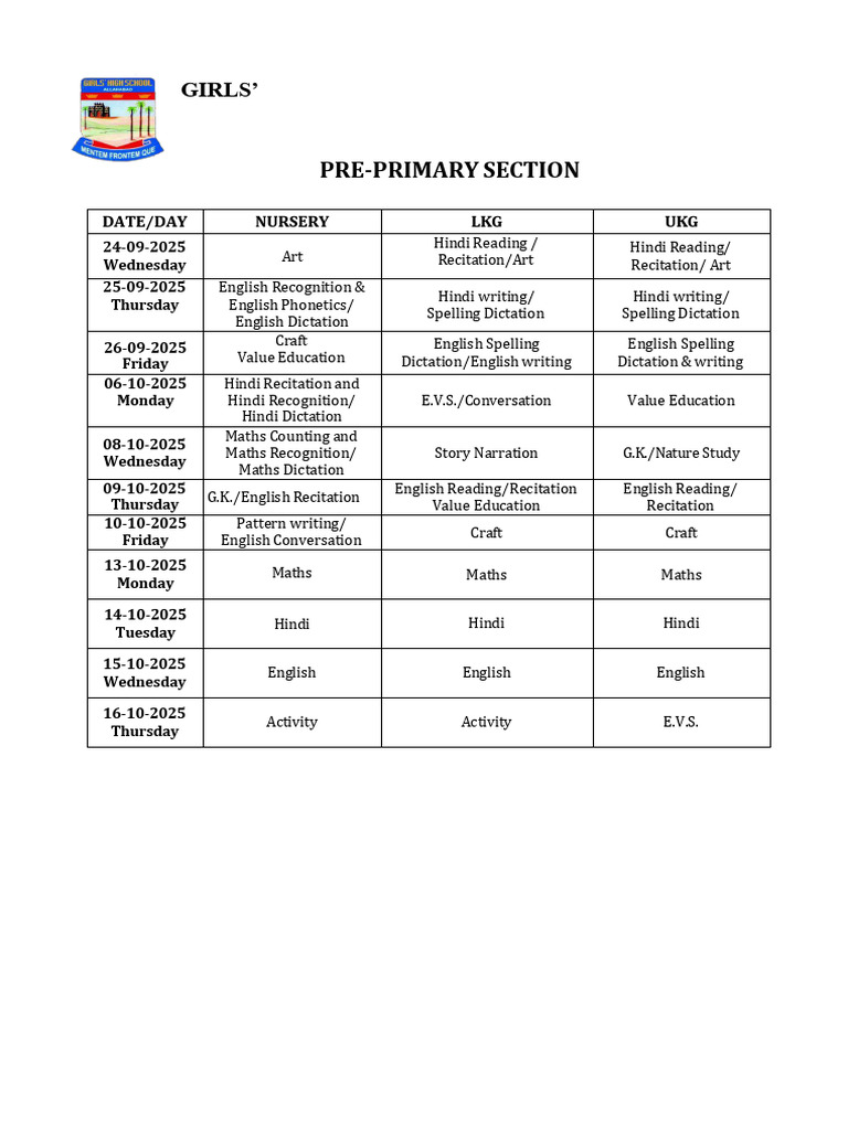 Half Yearly Examination Time Table Classes Nur LKG UKG 2025 26 Revised 2 | PDF