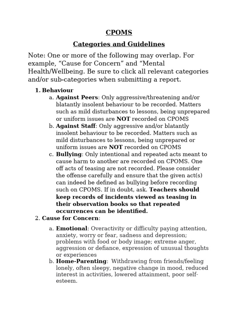CPOMS Categories Overview | PDF | Bullying | Mental Disorder