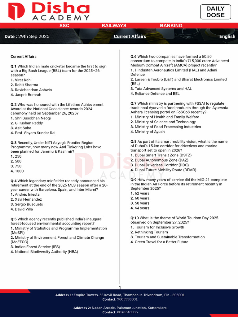 Current Affairs - English - 29th Sep 2025 | PDF