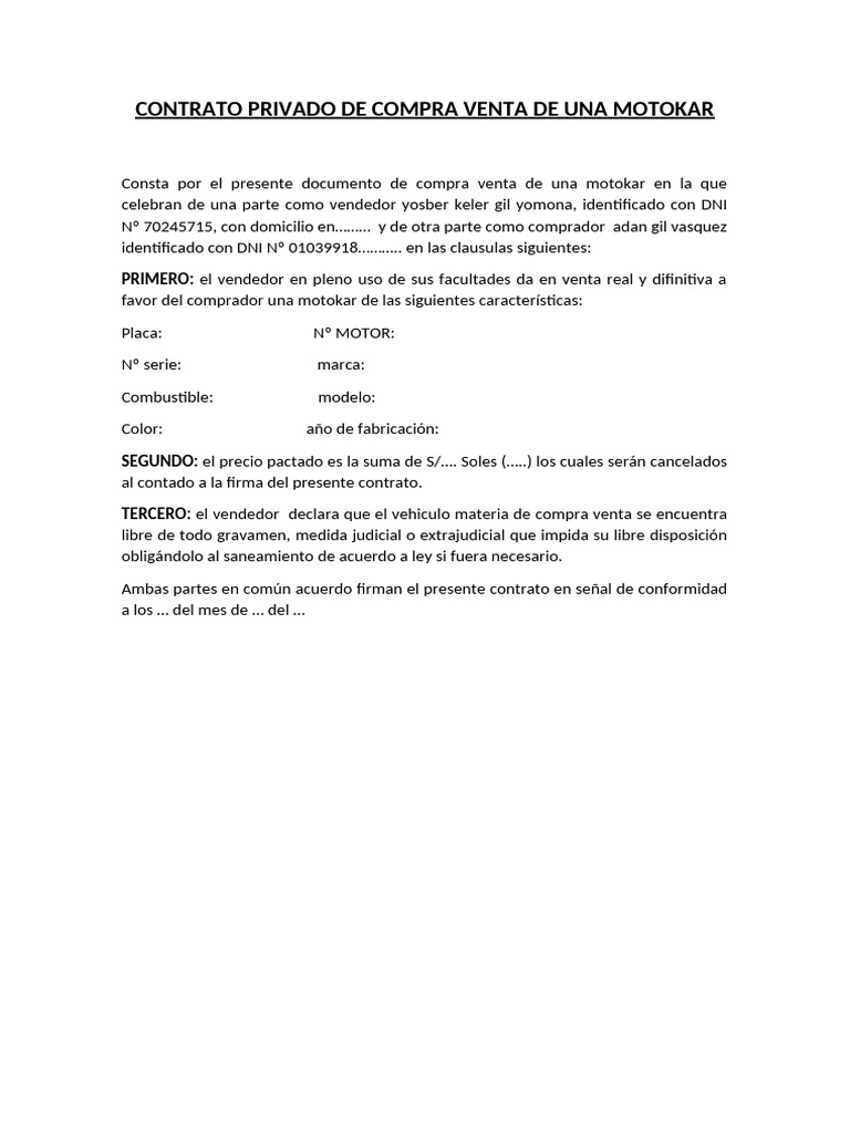 Contrato Privado de Compra Venta de Una Motokar | PDF