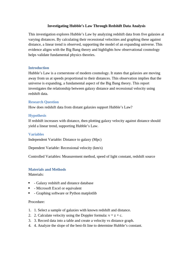 Detailed Hubbles Law Report | PDF | Redshift | Physics
