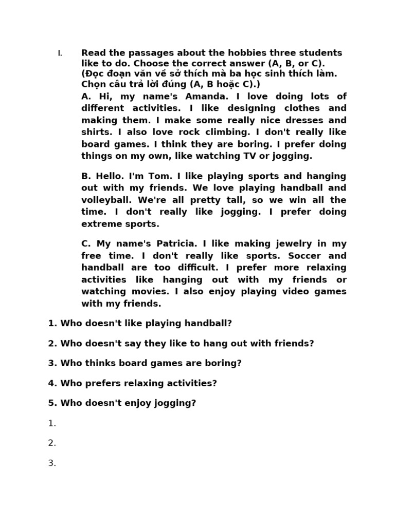 Student Hobbies: Quiz and Answers | PDF