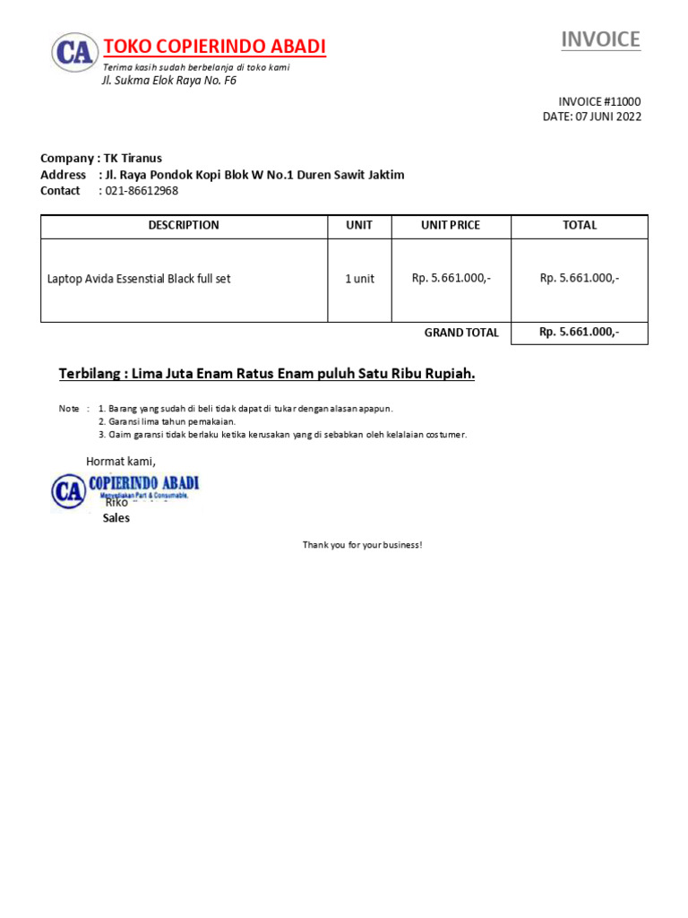 Invoice Pembelian Laptop | PDF