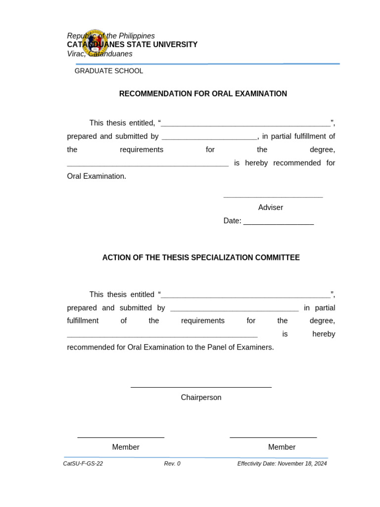 atSU F GS 22 Recommendation For Oral Examination - Thesis | PDF ...