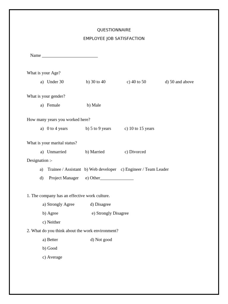 Questionnaire | PDF | Job Satisfaction | Employment