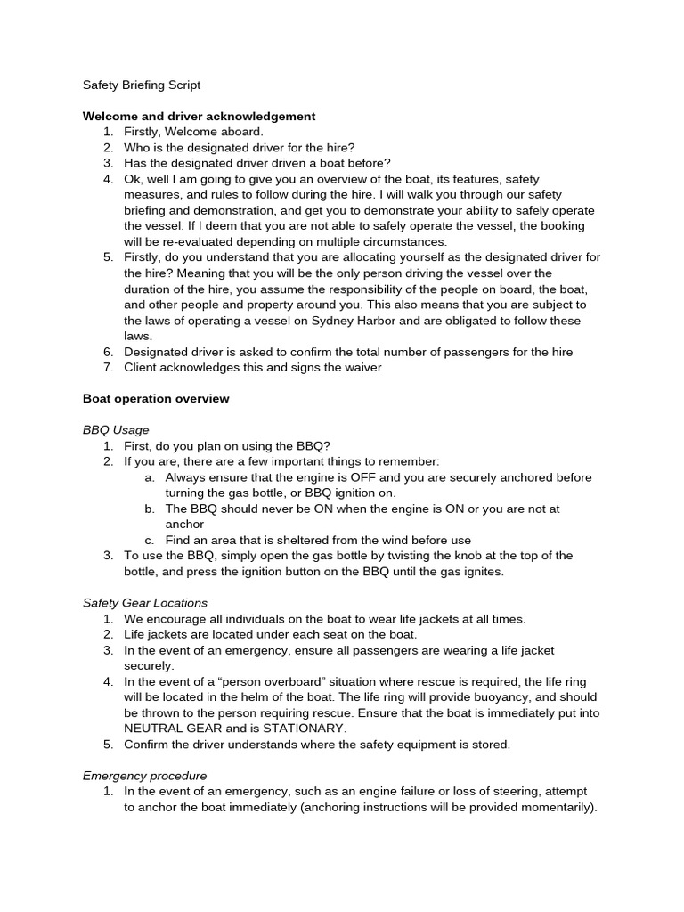Boat Safety Briefing Guidelines | PDF | Anchor | Water Transport