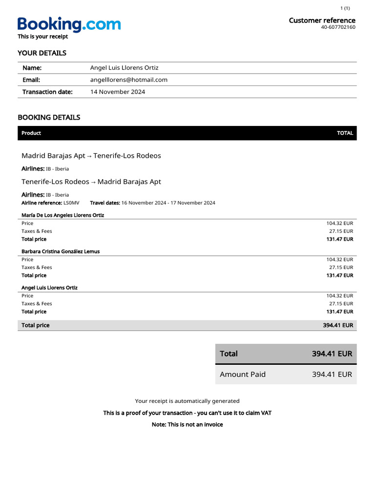 Iberia Flight Booking Receipt | PDF | Receipt | Services (Economics)