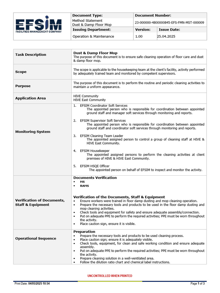 Method Statement - Dust & Damp Floor Mop | PDF | Housekeeping ...