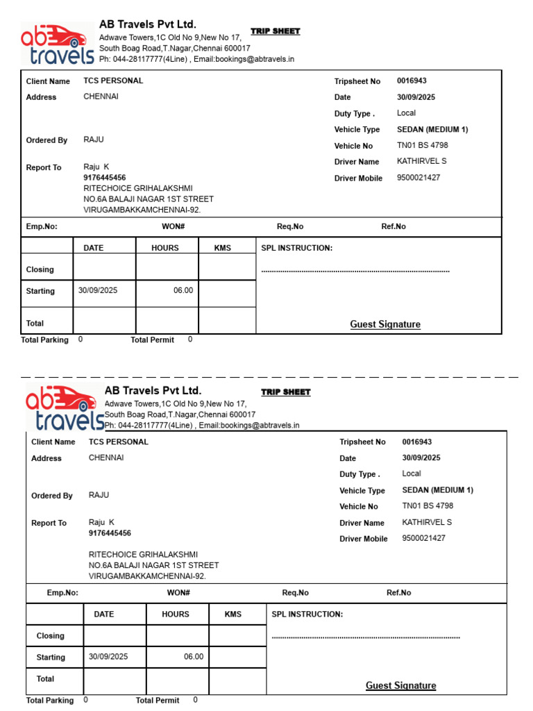 Trip Sheet | PDF