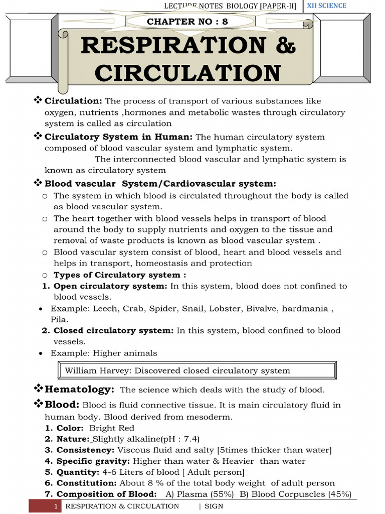 Respiration and A Circulation Notes Class 12 Biology - Removed | PDF