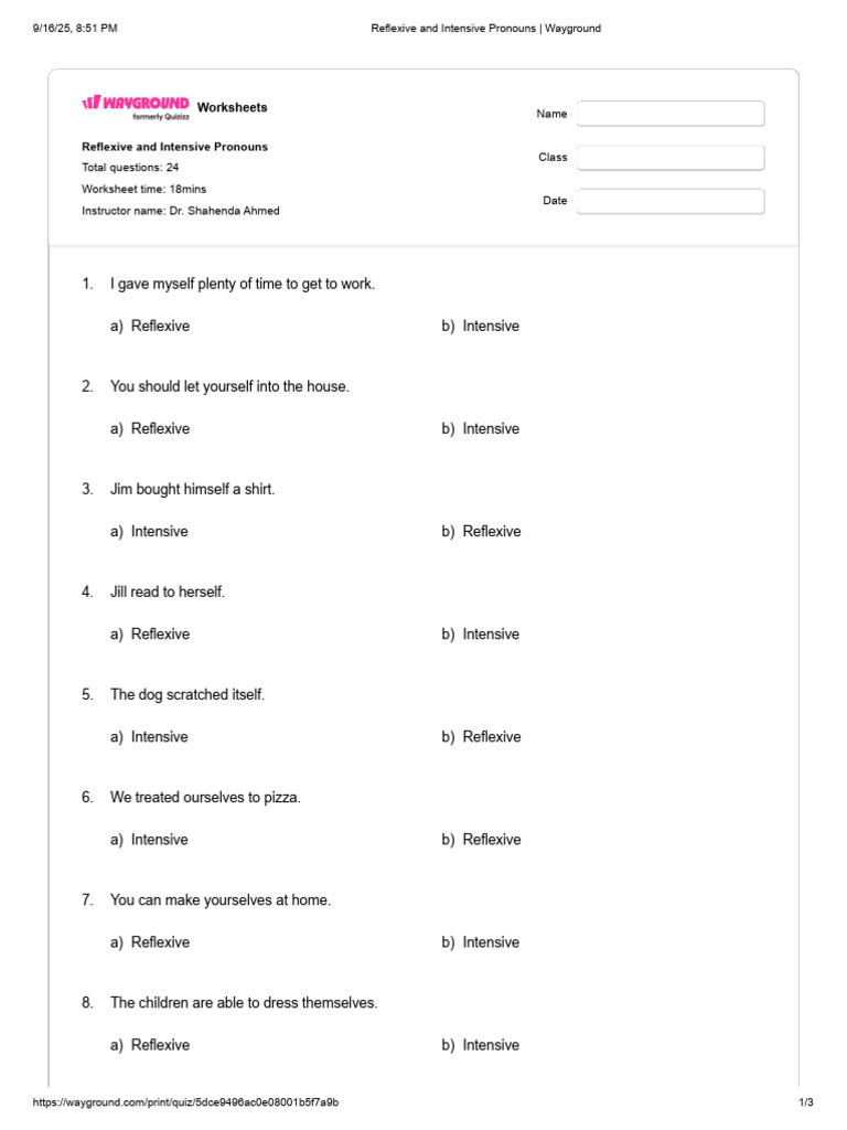 Reflexive and Intensive Pronouns Homework | PDF | Chess Openings | Chess