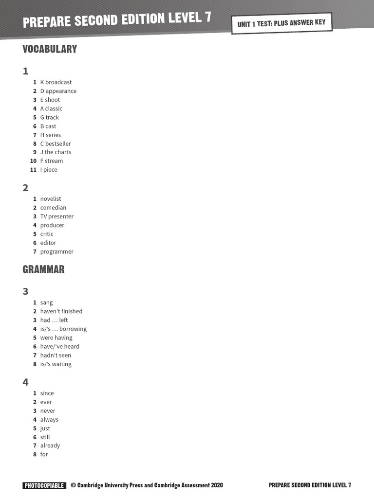 Prepare 2ed 7 Unit1 Answer Key Plus | PDF