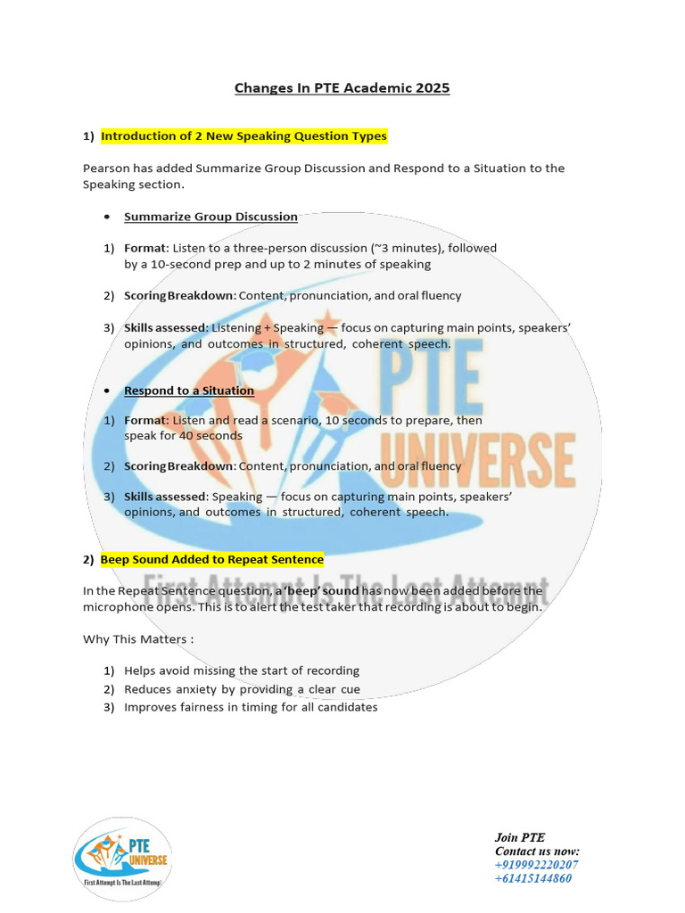 PTE Academic 2025 Changes Overview | PDF | Multiple Choice | Fluency