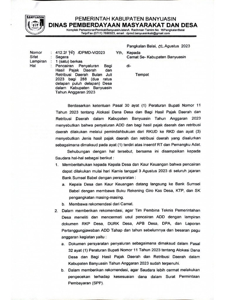 Penyaluran Bagi Hasil Pajak Juli | PDF