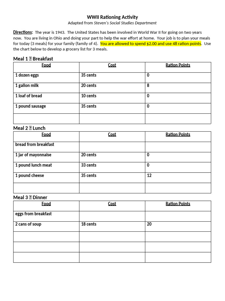 WWII Rationing Meal Planning Guide | PDF | Meal | Lunch