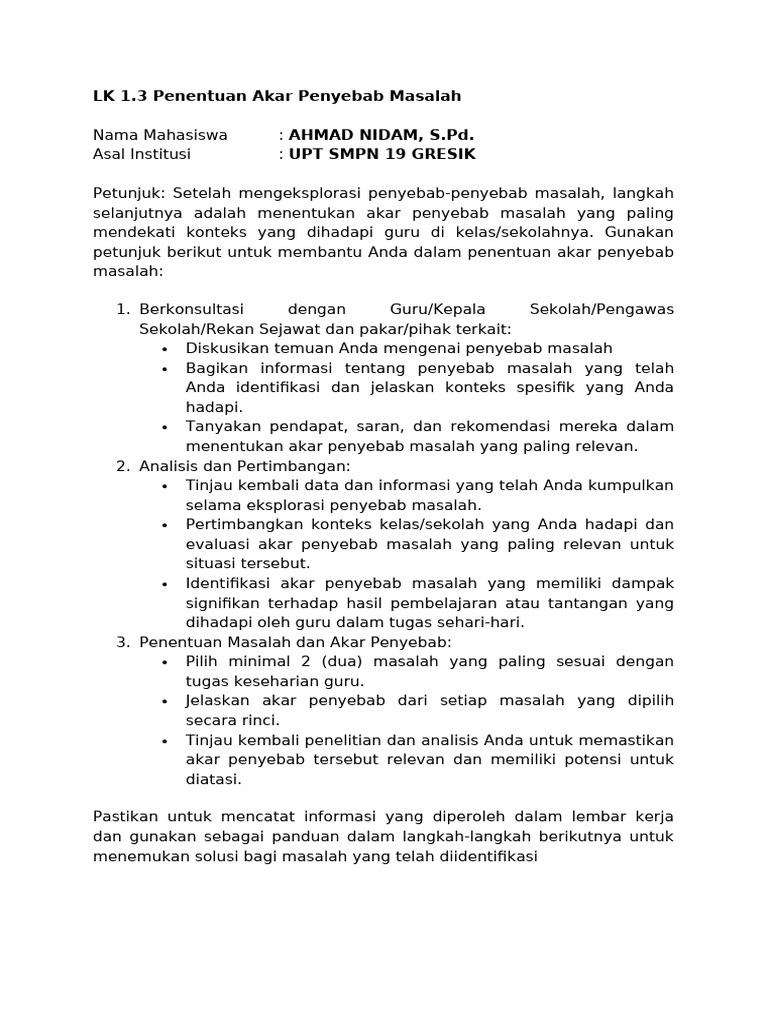 LK 1.3 Penentuan Akar Penyebab Masalah - Umum - AHMAD NIDAM | PDF