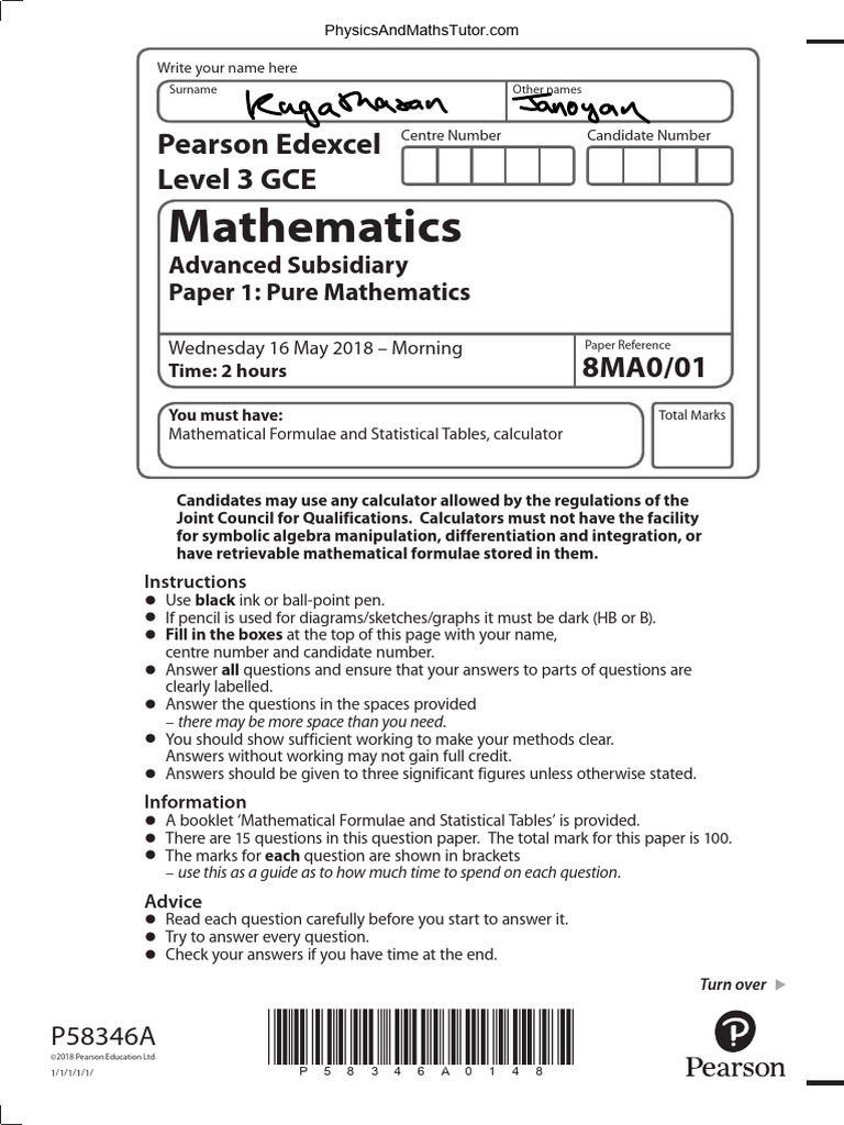AS Pure Mathematics Exam Paper | PDF | Mathematics | Area