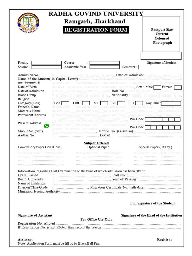 Radha Govind University Registration Form | PDF | Educational Stages
