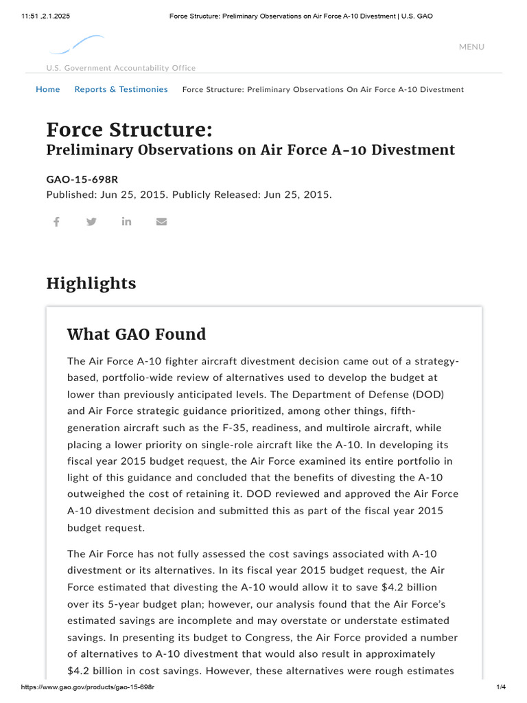 Force Structure - Preliminary Observations On Air Force A-10 Divestment ...