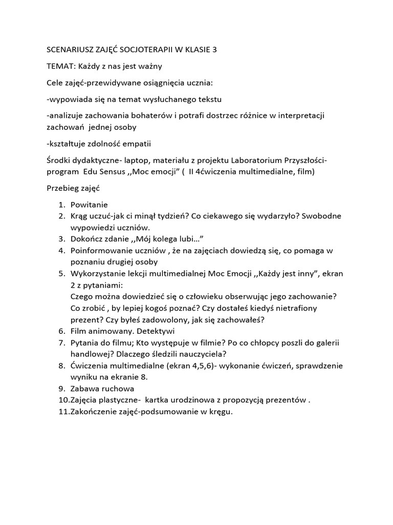 Scenariusz Zajec Socjoterapii W Klasie 3 | PDF
