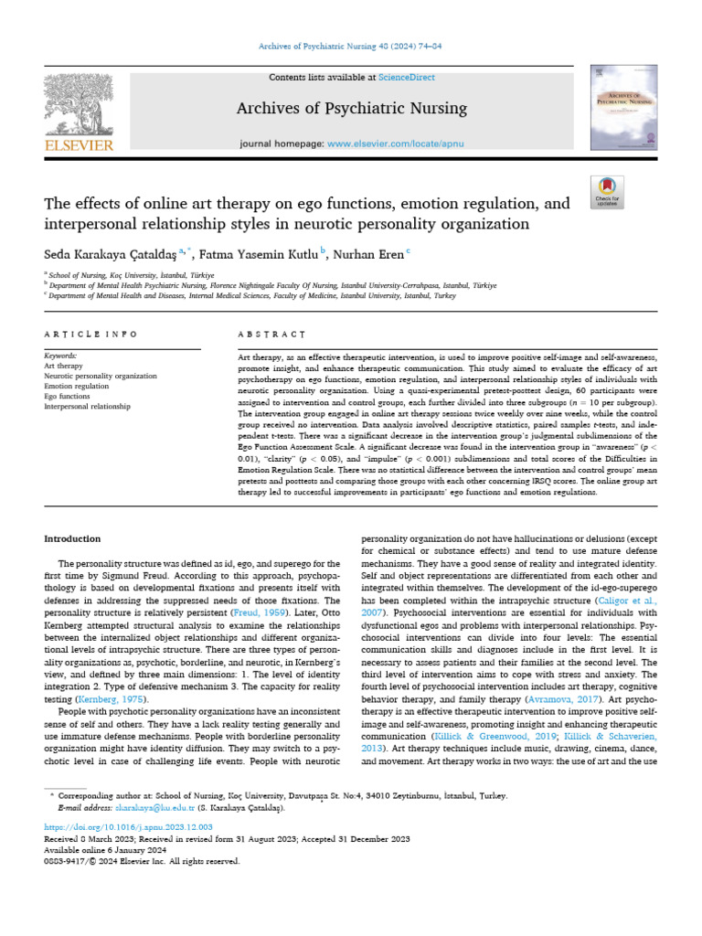 The Effects of Online Art Therapy On Ego Functions, Emotion Regulation, and Interpersonal ...