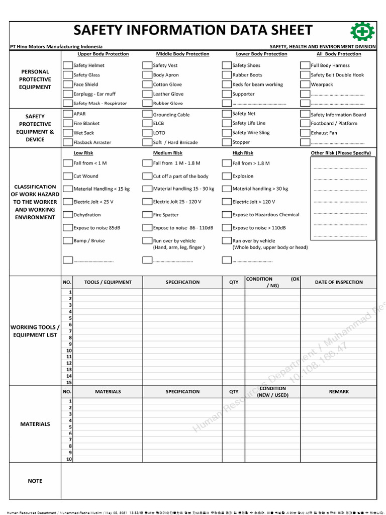 Safety Information Data Sheet | PDF | Safety | Occupational Safety And ...