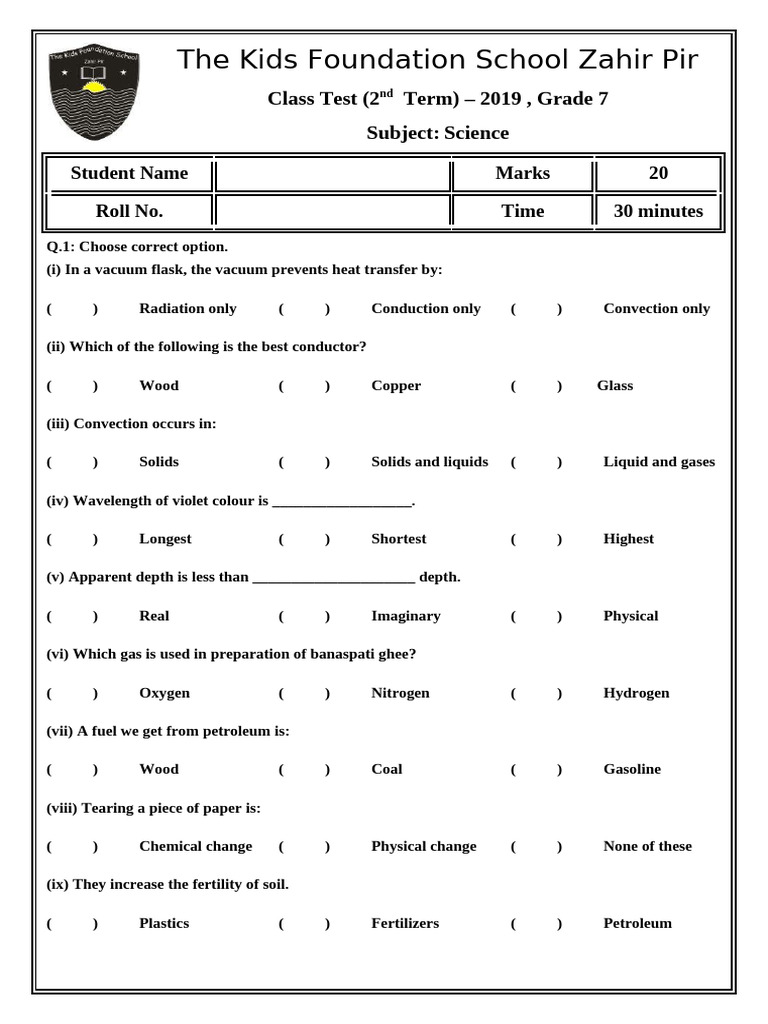 Grade 7 Science Class Test 2019 | PDF | Food Web | Heat Transfer