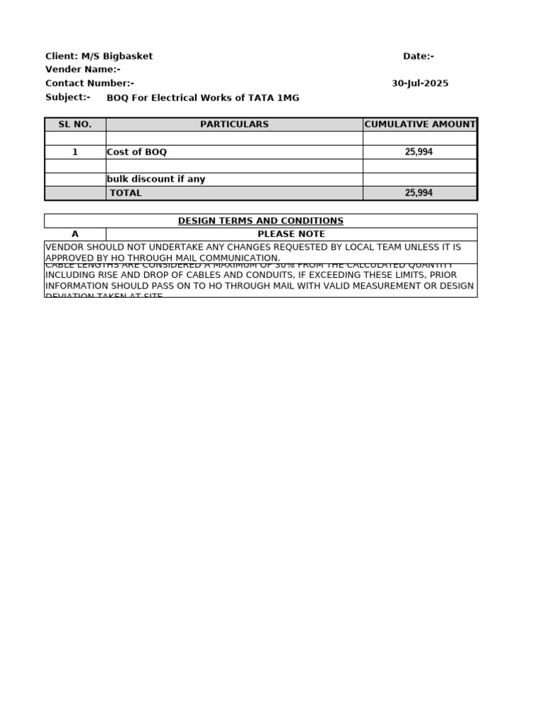 R0 - BOQ For Electrical Works of TATA 1MG | PDF | Electrical ...