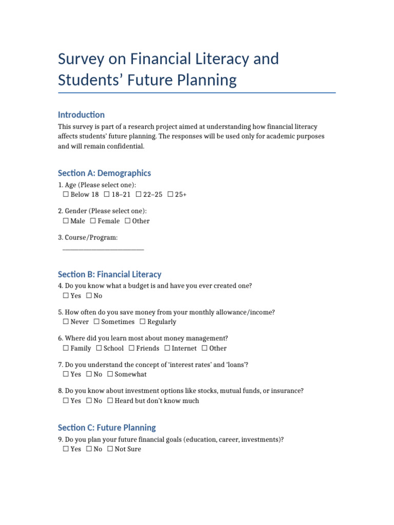 Financial Literacy Survey | PDF