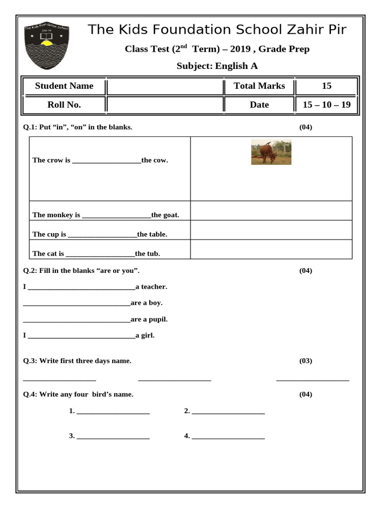 Prep Class English Test 2019 | PDF