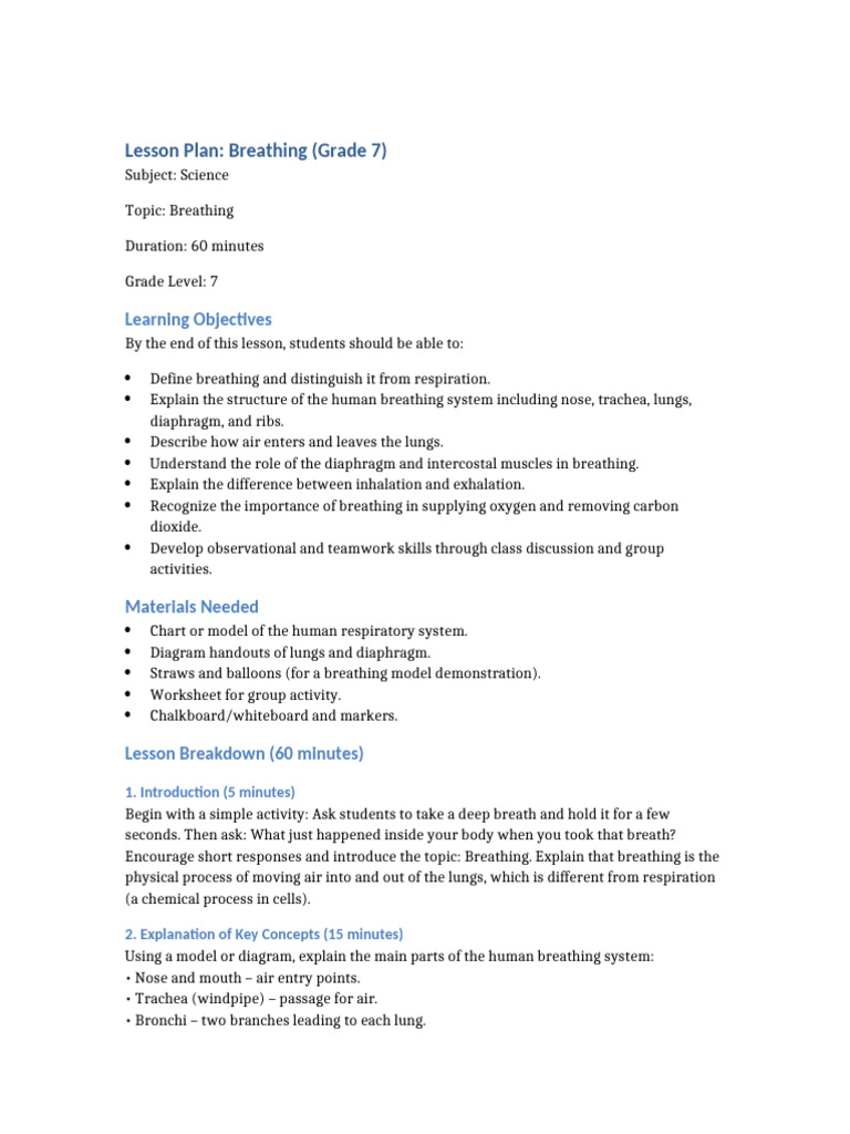 Grade 7 Breathing Lesson Plan | PDF | Breathing | Respiratory System