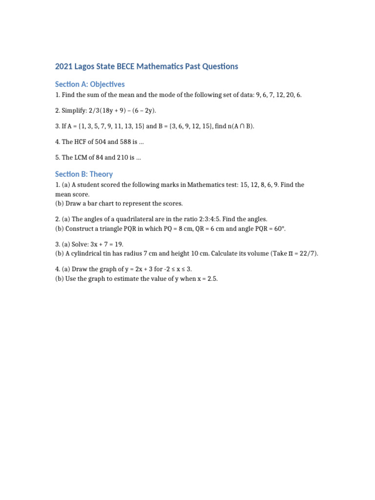 2021 BECE Maths Past Questions | PDF